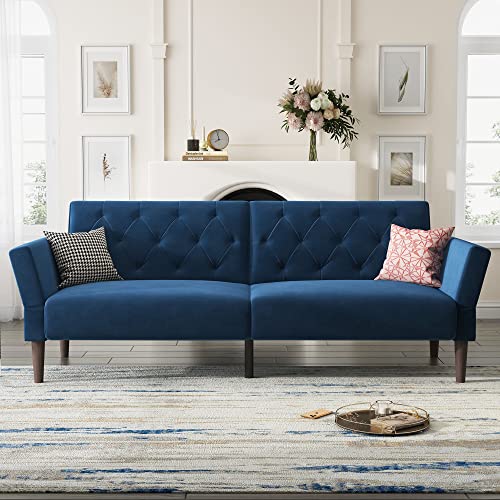 HONBAY Convertible Sofa Bed Velvet Sleeper Couch with Adjustable Armrests Tufted Futon for Living Room and Bedroom, Blue