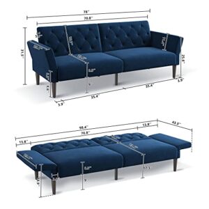 HONBAY Convertible Sofa Bed Velvet Sleeper Couch with Adjustable Armrests Tufted Futon for Living Room and Bedroom, Blue