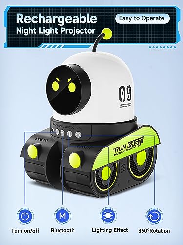 PIKOY Robot Night Light for Kids【12 Films】 Kids Night Light Projector,Bluetooth Music Baby Night Lights for Kids Room, 360° Rotation Rechargable Planets Star Projector Planetarium Projector Lamp