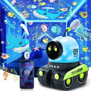 pikoy robot night light for kids【12 films】 kids night light projector,bluetooth music baby night lights for kids room, 360° rotation rechargable planets star projector planetarium projector lamp