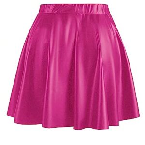 MakeMeChic Women's Plus Size Pleated Leather Mini Skirt High Waist A Line Skater PU Leather Short Skirt Hot Pink 4XL