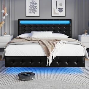 Full Bed Frame with LED Lights Visual-Floating Bed for Modern Space, Upholstered Leather Headboard and Footboard Platform Bed with Spacious Under Bed Storage, Wood Slats Support Easy Assembly, Black