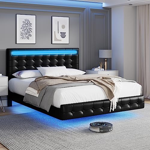 Full Bed Frame with LED Lights Visual-Floating Bed for Modern Space, Upholstered Leather Headboard and Footboard Platform Bed with Spacious Under Bed Storage, Wood Slats Support Easy Assembly, Black