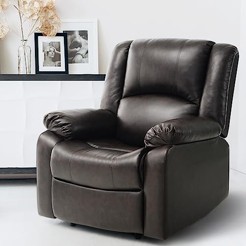 YuuYee Brown Leather Recliner Chair, Lazy boy Recliners with Overstuffed Arm and Back for Living Room, Single Manual Reclining Chairs for Adults