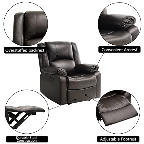 YuuYee Brown Leather Recliner Chair, Lazy boy Recliners with Overstuffed Arm and Back for Living Room, Single Manual Reclining Chairs for Adults