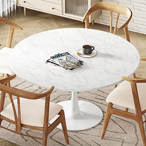 DKLGG White Marble Round, 42.1" Tulip Kitchen Dining 4-6 People with MDF Top & Pedestal Base, Mid-Century End Leisure Coffee Office Living Room Table