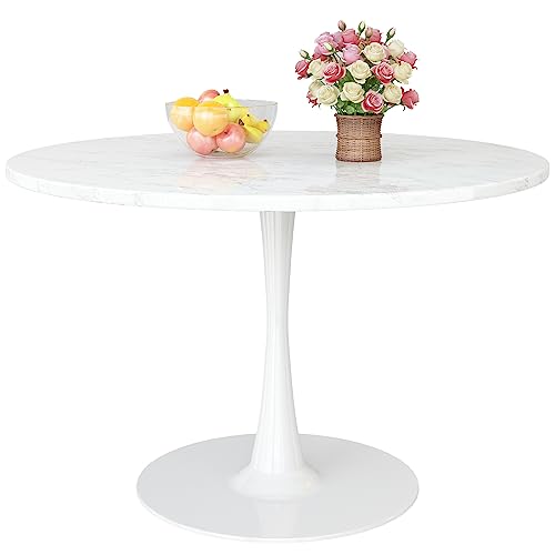 DKLGG White Marble Round, 42.1" Tulip Kitchen Dining 4-6 People with MDF Top & Pedestal Base, Mid-Century End Leisure Coffee Office Living Room Table