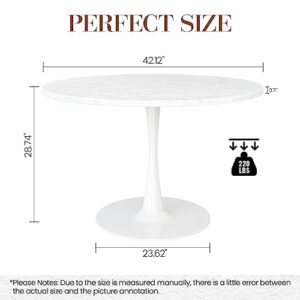 DKLGG White Marble Round, 42.1" Tulip Kitchen Dining 4-6 People with MDF Top & Pedestal Base, Mid-Century End Leisure Coffee Office Living Room Table