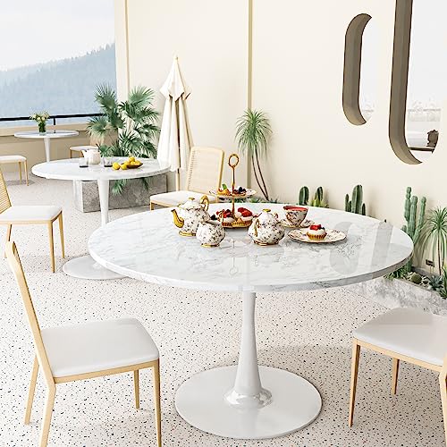 DKLGG White Marble Round, 42.1" Tulip Kitchen Dining 4-6 People with MDF Top & Pedestal Base, Mid-Century End Leisure Coffee Office Living Room Table