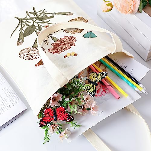 Silkfly 6 Pcs Aesthetic Canvas Tote Bag for Women Cute Tote Bag Funny Book Tote with Library Reusable Grocery Bag (Butterfly and Flower)