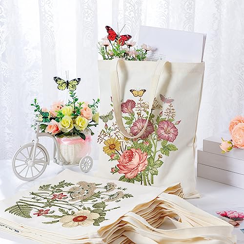 Silkfly 6 Pcs Aesthetic Canvas Tote Bag for Women Cute Tote Bag Funny Book Tote with Library Reusable Grocery Bag (Butterfly and Flower)