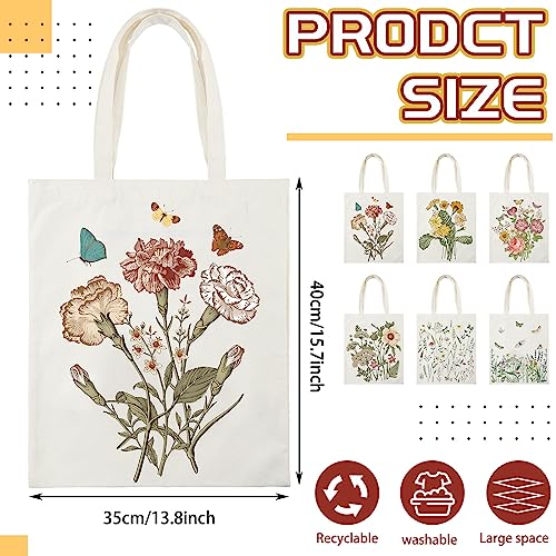 Silkfly 6 Pcs Aesthetic Canvas Tote Bag for Women Cute Tote Bag Funny Book Tote with Library Reusable Grocery Bag (Butterfly and Flower)