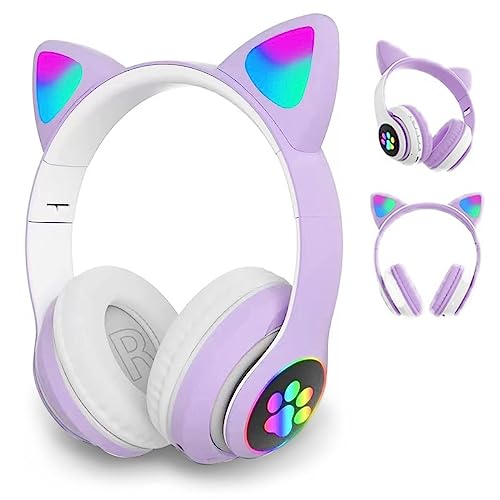 YQ77 Wireless Kids Headphones, Cute Cat Ear LED Light Up Foldable Over-Ear Bluetooth Headphones with Microphone for iPad/Smartphones/PC/Kindle/Tablet/Laptop, Best Gifts for Kids Teens Adults (Purple)