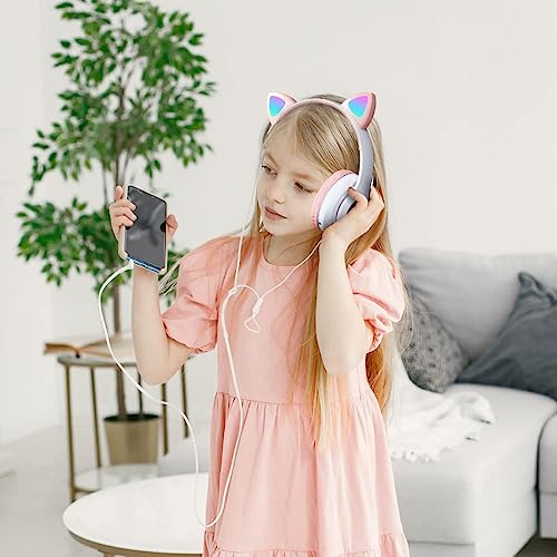 YQ77 Wireless Kids Headphones, Cute Cat Ear LED Light Up Foldable Over-Ear Bluetooth Headphones with Microphone for iPad/Smartphones/PC/Kindle/Tablet/Laptop, Best Gifts for Kids Teens Adults (Purple)