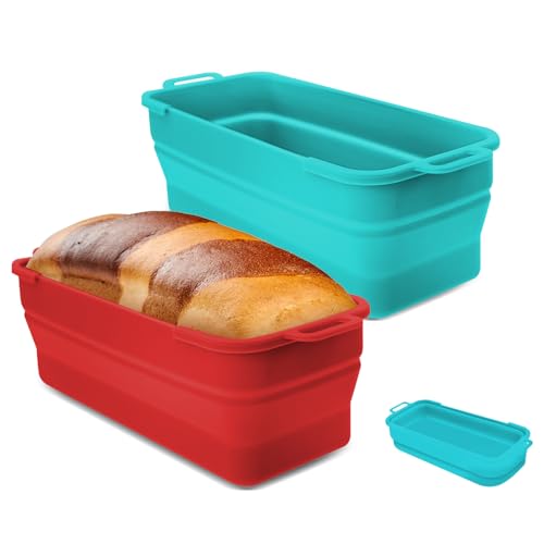 Silicone Bread Loaf Pan, 2 Pack Loaf Pans for Baking Bread, Non-Stick Silicone Baking Mold Easy Release for Homemade Breads, Cakes, Quiche Omelets, Meatloaf, etc. -8.2” X 3.3” X 2.7” (Red+LBlue)