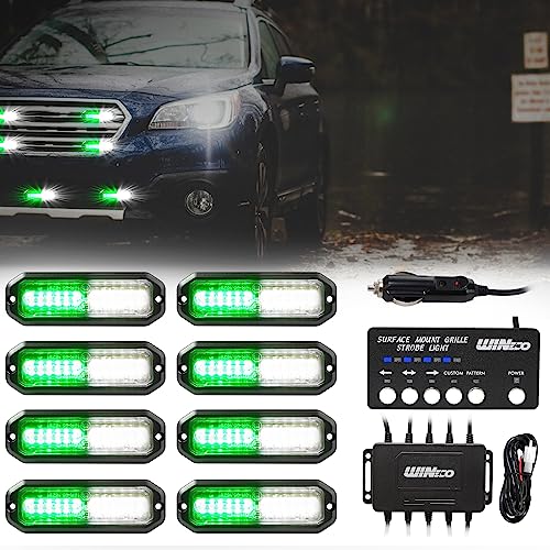 WINECO Green White led Strobe Lights for Trucks, Emergency Strobe Lights Kits for Construction Vehicles LED Surface Mount Grill Grille Light Flashing Warning Lights with Digital Controller 12 LED