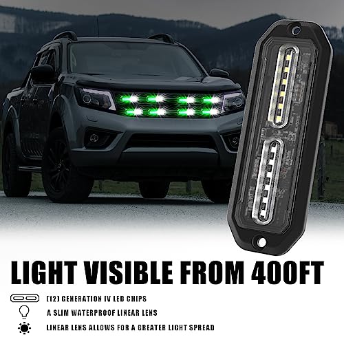 WINECO Green White led Strobe Lights for Trucks, Emergency Strobe Lights Kits for Construction Vehicles LED Surface Mount Grill Grille Light Flashing Warning Lights with Digital Controller 12 LED