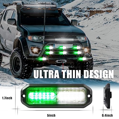 WINECO Green White led Strobe Lights for Trucks, Emergency Strobe Lights Kits for Construction Vehicles LED Surface Mount Grill Grille Light Flashing Warning Lights with Digital Controller 12 LED