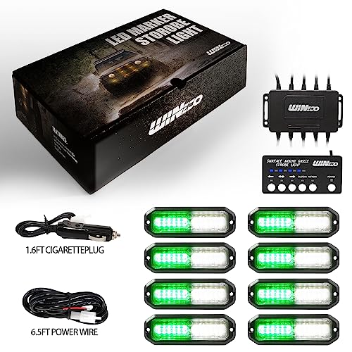 WINECO Green White led Strobe Lights for Trucks, Emergency Strobe Lights Kits for Construction Vehicles LED Surface Mount Grill Grille Light Flashing Warning Lights with Digital Controller 12 LED