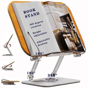 book stand for reading hands free,multi-angle adjustable book holder stand with 360° rotating base & page clips,foldable cookbook stand for laptop display textbook recipe book document sheet music