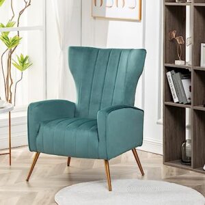 Container Furniture Direct Armchair Modern Velvet Accent Chair, Channel Tufted Bedroom, Office or Living Room Furniture with Elegant Metal Legs, Teal