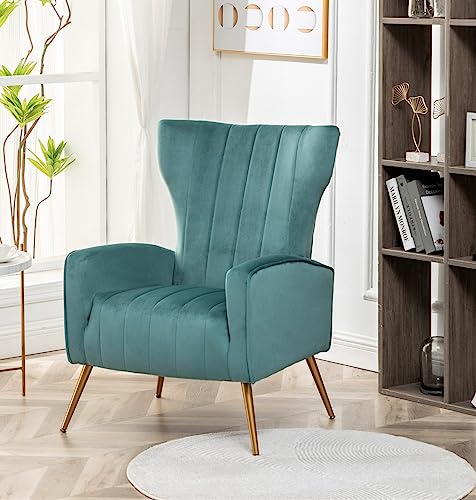 Container Furniture Direct Armchair Modern Velvet Accent Chair, Channel Tufted Bedroom, Office or Living Room Furniture with Elegant Metal Legs, Teal