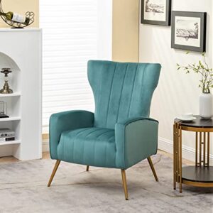 Container Furniture Direct Armchair Modern Velvet Accent Chair, Channel Tufted Bedroom, Office or Living Room Furniture with Elegant Metal Legs, Teal