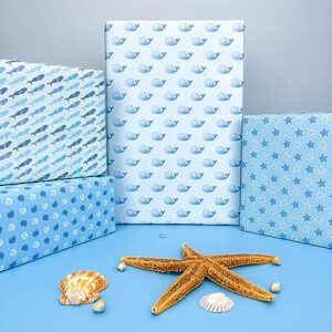 Dtiafu Ocean Wrapping paper for Boys Girls - 8 Sheets 4 Style Sea Blue Gift Wrapping Paper with Cute Whale Starfish Sea Snall Designs for 1st Birthday Baby Shower - 20 X 28inch Per Sheet(Folded Flat)