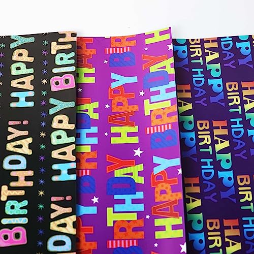 poaocok Birthday Wrapping Paper for Boys Girls Kids Men Women - 3 Styles Happy Birthday Lettering Gift Wrap Paper for Party - 12 Sheets, 19.7x27.5 inch