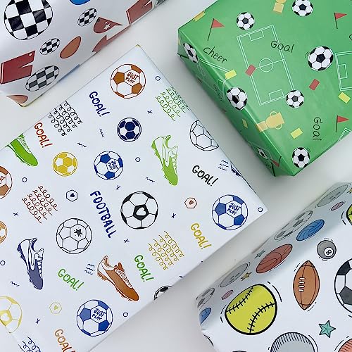 Dtiafu Flat Wrapping Paper Sheet - 4 Style Soccer Birthday Wrapping Paper for Boys Kids Men - Fun Sport Gift Wrap - 20 X 28 Inch Per Sheet(8 Sheet)