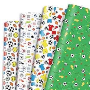 Dtiafu Flat Wrapping Paper Sheet - 4 Style Soccer Birthday Wrapping Paper for Boys Kids Men - Fun Sport Gift Wrap - 20 X 28 Inch Per Sheet(8 Sheet)