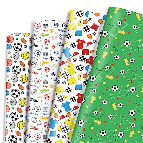 Dtiafu Flat Wrapping Paper Sheet - 4 Style Soccer Birthday Wrapping Paper for Boys Kids Men - Fun Sport Gift Wrap - 20 X 28 Inch Per Sheet(8 Sheet)