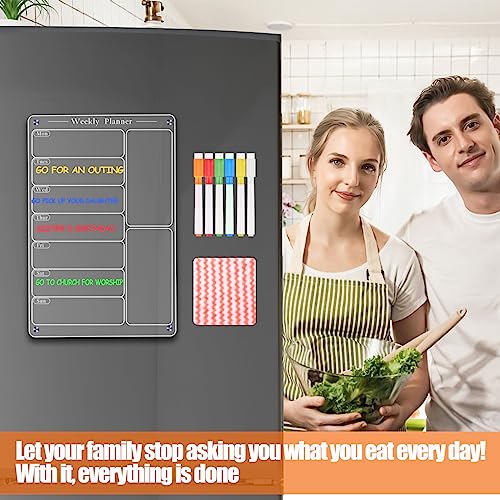 Latouni Acrylic Magnetic Menu Board for Kitchen,Acrylic Weekly Calendar for Fridge,Acrylic Dry Erase Board for Refrigerator,Clear Meal Planner for Fridge with 6 Magnetic Erasable Markers 8"x12"