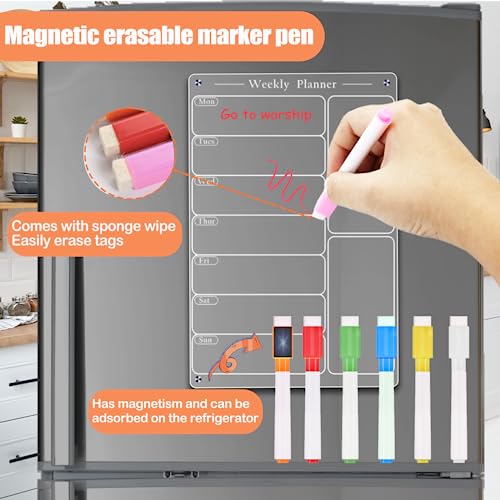 Latouni Acrylic Magnetic Menu Board for Kitchen,Acrylic Weekly Calendar for Fridge,Acrylic Dry Erase Board for Refrigerator,Clear Meal Planner for Fridge with 6 Magnetic Erasable Markers 8"x12"