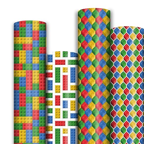 Dtiafu Building Blocks Wrapping Paper - Birthday Wrapping Paper for Boys Girls Kids - 4 Style 8 Sheet Funny Gift Wrap - 20 X 28 Inch Per Sheet(Not Rolled)