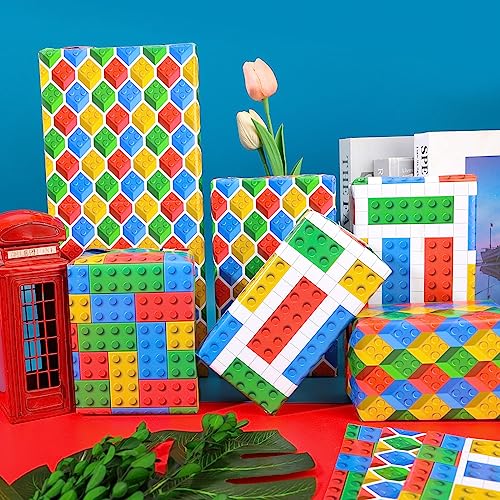 Dtiafu Building Blocks Wrapping Paper - Birthday Wrapping Paper for Boys Girls Kids - 4 Style 8 Sheet Funny Gift Wrap - 20 X 28 Inch Per Sheet(Not Rolled)