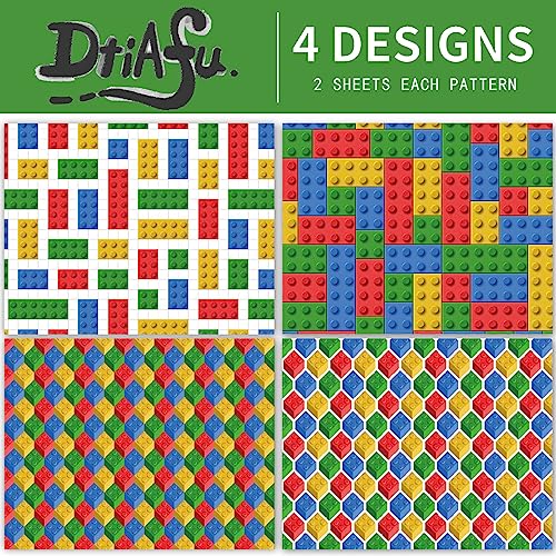 Dtiafu Building Blocks Wrapping Paper - Birthday Wrapping Paper for Boys Girls Kids - 4 Style 8 Sheet Funny Gift Wrap - 20 X 28 Inch Per Sheet(Not Rolled)