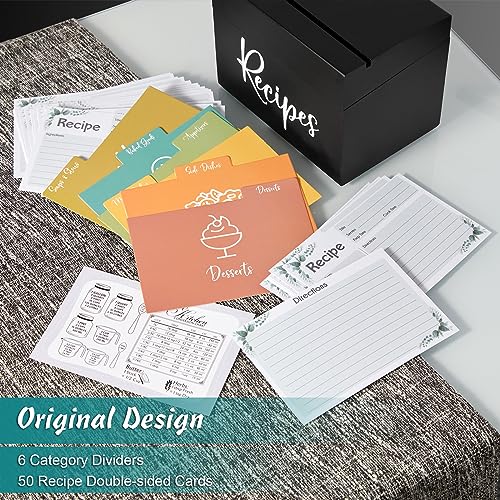 DRASTAR Recipe Box, Wooden Recipe Organizer, Recipe Holder Box with 50 Recipe Cards 4"x6" & 6 Dividers, Recipe Book to Write in Your Own Recipes