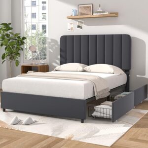 vecelo queen size upholstered bed frame with 4 drawers and adjustable headboard, velvet platform storage bedframe mattress foundation, wooden slats support, no box spring needed, dark grey