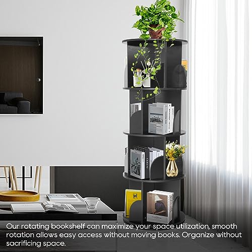 Dozont Upgraded 18" Rotating Bookshelf Tower, 4 Tier Circular Bookshelf for Kids&Adults, Wood 360° Floor Standing Book Storage Rack, Spinning Bookshelf Tower for Office Home Living Room Study, Black