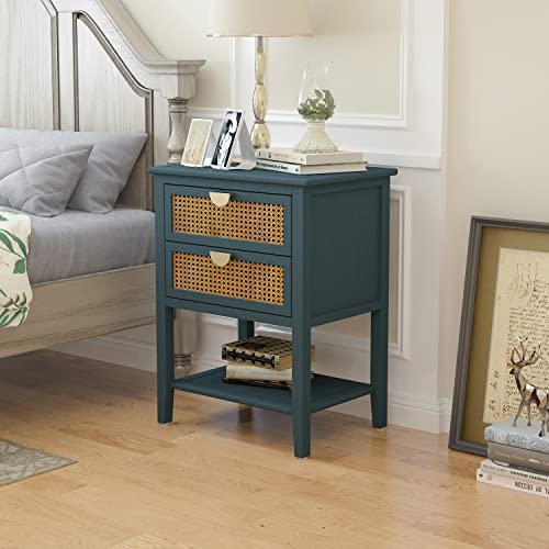 FRANSOUL Natural Rattan Nightstand Include 2 Drawes with Double-Section Track,End Side Table with Solid Wood Appearance,Suitable for Bedroom, Living Room, Study,Retro Green