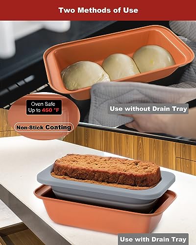 Hitseon Meatloaf Pan with Drain Tray, 2 in 1 Foldable Loaf Pans for Baking Bread, Dishwasher Safe Metallic Nonstick Coating Bread Pan with Silicone Rack for Oven Cooking (Gray)