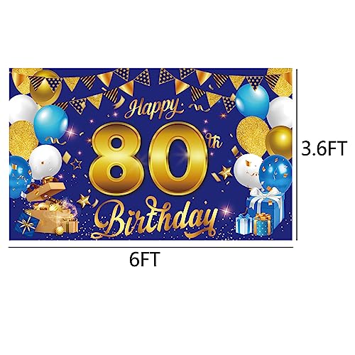 6x3.6FT 80th Blue Gold Birthday Backdrop Happy Birthday Photography Background Banner for Gold Birthday Party Backdrop for Men Women Birthday Party Supplies Decoration.