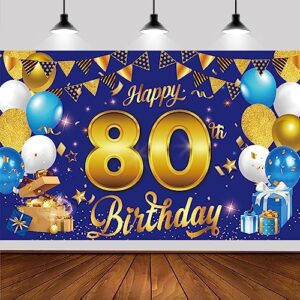 6x3.6ft 80th blue gold birthday backdrop happy birthday photography background banner for gold birthday party backdrop for men women birthday party supplies decoration.