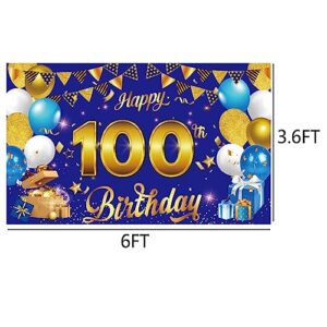 6x3.6FT 100th Blue Gold Birthday Backdrop Happy Birthday Photography Background Banner for Gold Birthday Party Backdrop for Men Women Birthday Party Supplies Decoration.