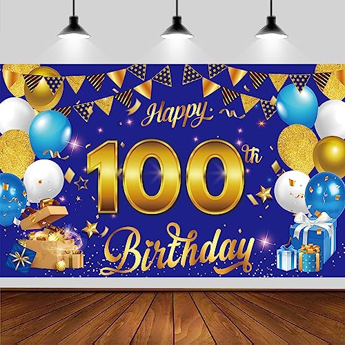 6x3.6FT 100th Blue Gold Birthday Backdrop Happy Birthday Photography Background Banner for Gold Birthday Party Backdrop for Men Women Birthday Party Supplies Decoration.