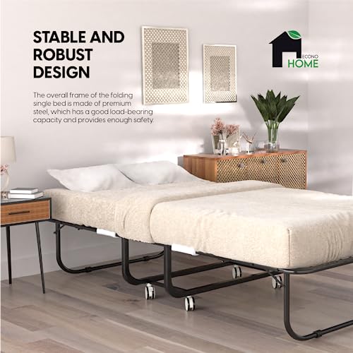 EconoHome Folding Bed with Mattress - 75x31 Cot Size Bed Frame - Portable Foldable Roll Away Adult Bed for Guest - 5-inch Thick Memory Foam Mattress - Space Saving Fold Up Bed for Easy Storage