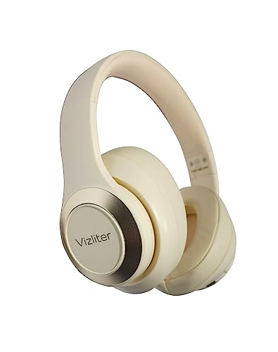 Vizliter Bluetooth Headphones, TWS Deep Bass Wireless Over-Ear Headset 5.3 with Built-in Mic LED Lights, Noise Cancelling (Beige)