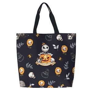 auhomea halloween pattern in black skulls reusable grocery bags big capacity shopping bag canvas shoulder tote handbag for women girls