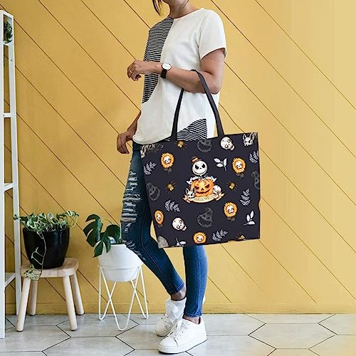 AuHomea Halloween pattern in black skulls Reusable Grocery bags Big Capacity Shopping Bag Canvas Shoulder Tote Handbag for Women Girls